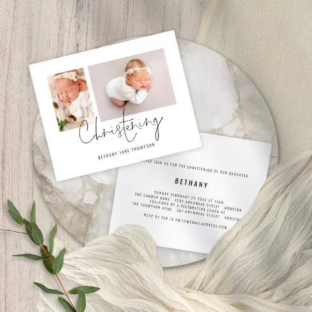 Budget Modern Script 2 Photos Christening Invite | Zazzle