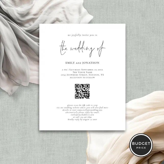 Budget Modern Script QR Code Wedding Invitation | Zazzle