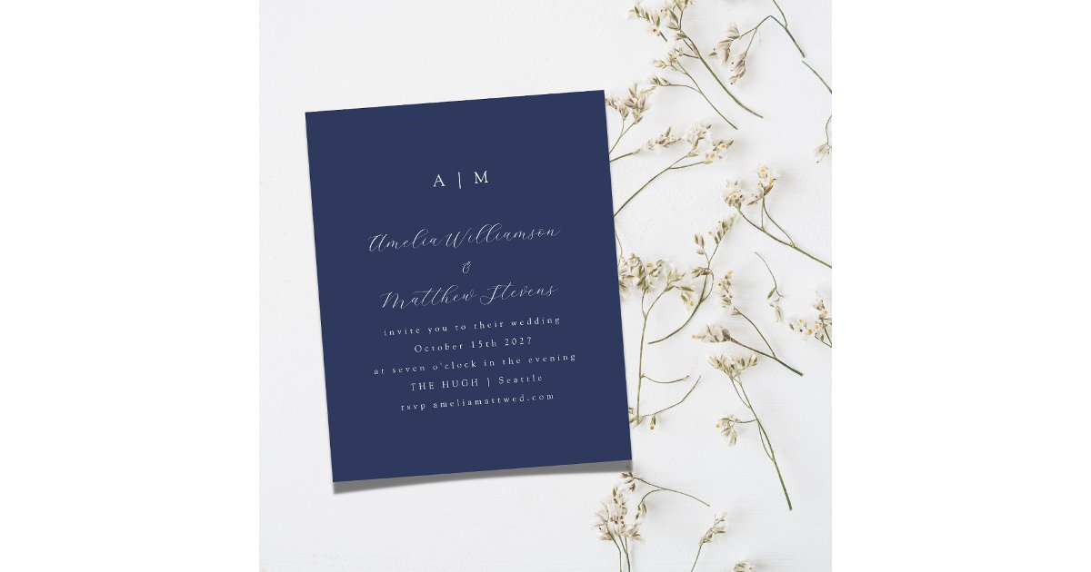 Budget Monogram Navy Blue Minimal Wedding Invite | Zazzle
