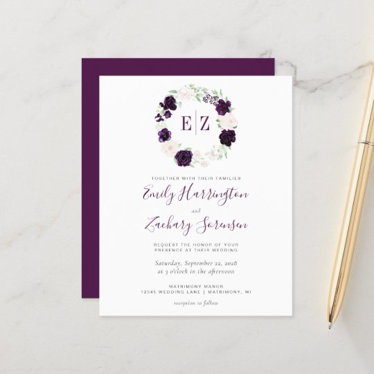 Budget Monogram Purple Blush Floral Wedding Invite | Zazzle.com