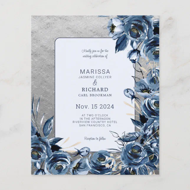 Budget Navy Blue Floral Silver Wedding Invitation | Zazzle