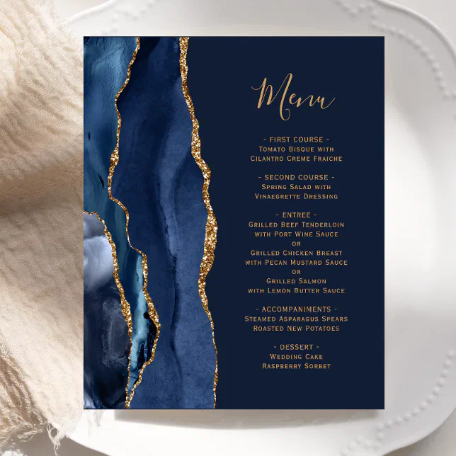 Budget Navy Blue Gold Agate Wedding Menu | Zazzle