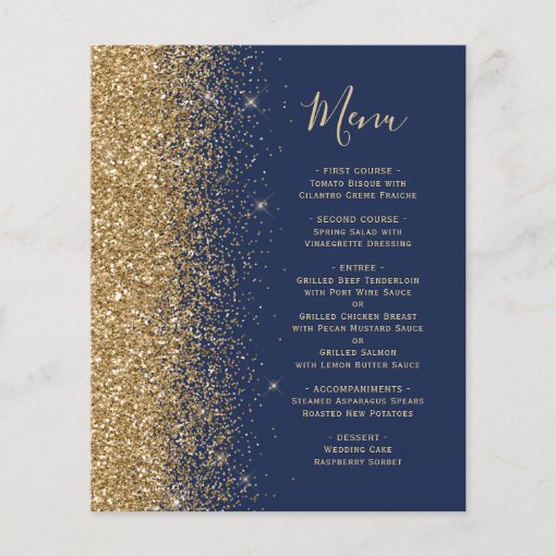 Budget Navy Blue Gold Glitter Wedding Menu | Zazzle