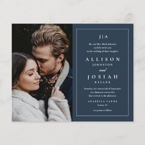Budget Navy Blue Photo Wedding Invitation | Zazzle