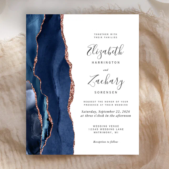 Budget Navy Blue Rose Gold Agate Wedding Invite | Zazzle