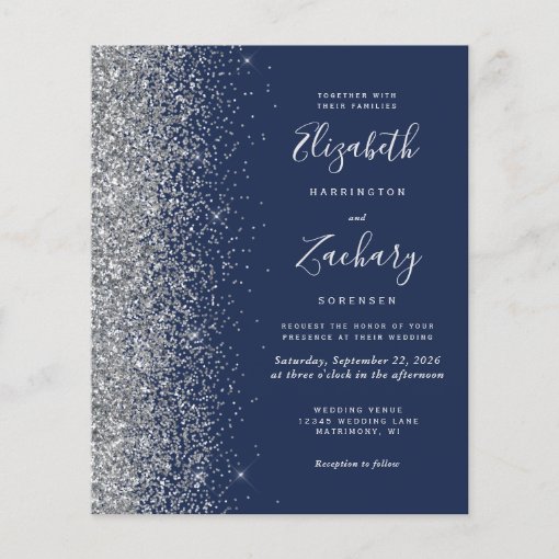 Budget Navy Blue Silver Glitter Wedding Invitation | Zazzle