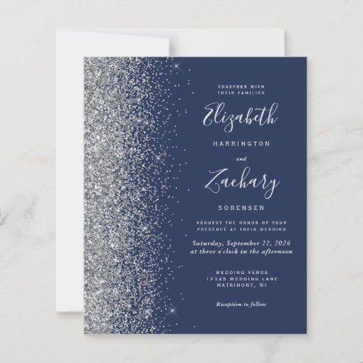 Budget Navy Blue Silver Glitter Wedding Invitation | Zazzle