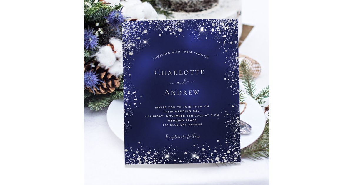 Budget navy blue silver glitter wedding invitation | Zazzle