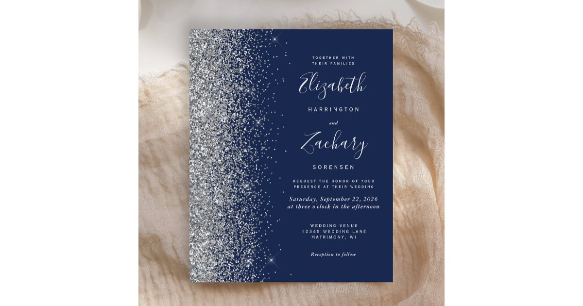 Budget Navy Blue Silver Glitter Wedding Invitation | Zazzle