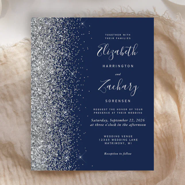 Budget Navy Blue Silver Glitter Wedding Invitation | Zazzle