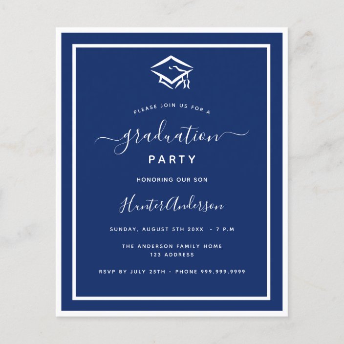 Budget navy blue white graduation party invitation | Zazzle.com