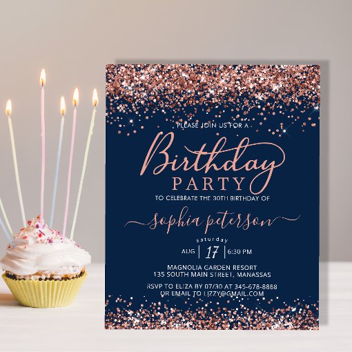 Budget Navy Rose Gold Glitter Birthday Invitation | Zazzle
