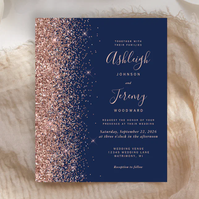 Budget Navy Rose Gold Glitter Wedding Invitation | Zazzle