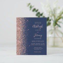Budget Navy Rose Gold Glitter Wedding Invitation | Zazzle