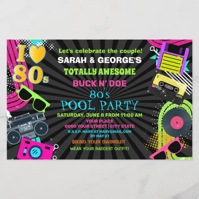 Budget Neon Fun 80s Pool party invitation | Zazzle