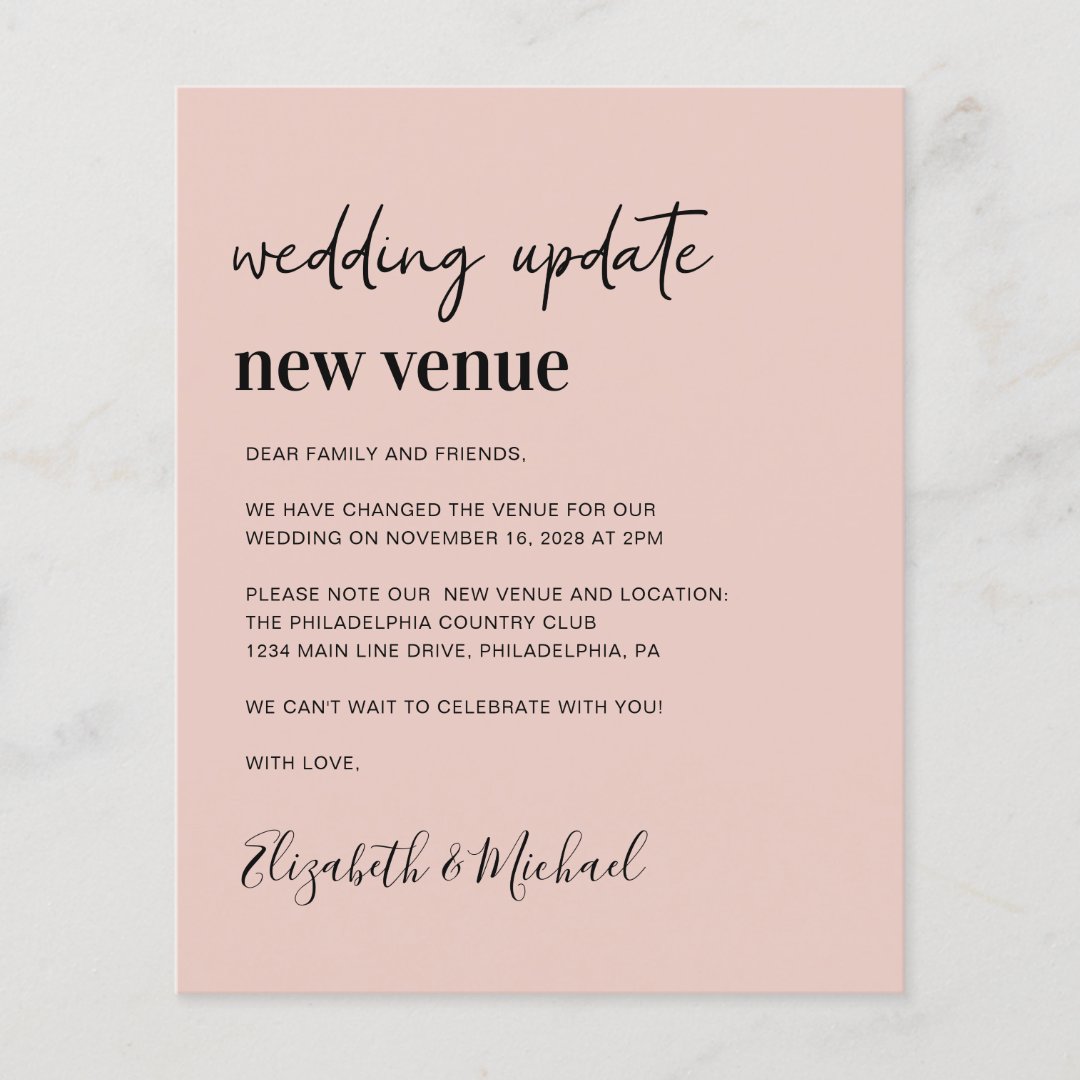 Budget New Wedding Venue Blush Pink Announcement | Zazzle