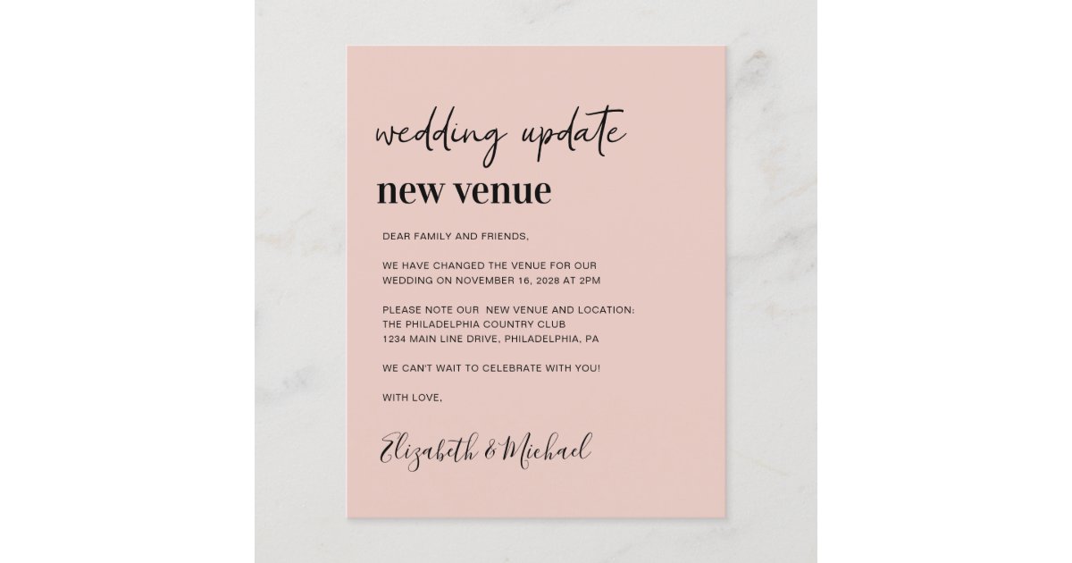 Budget New Wedding Venue Blush Pink Announcement | Zazzle