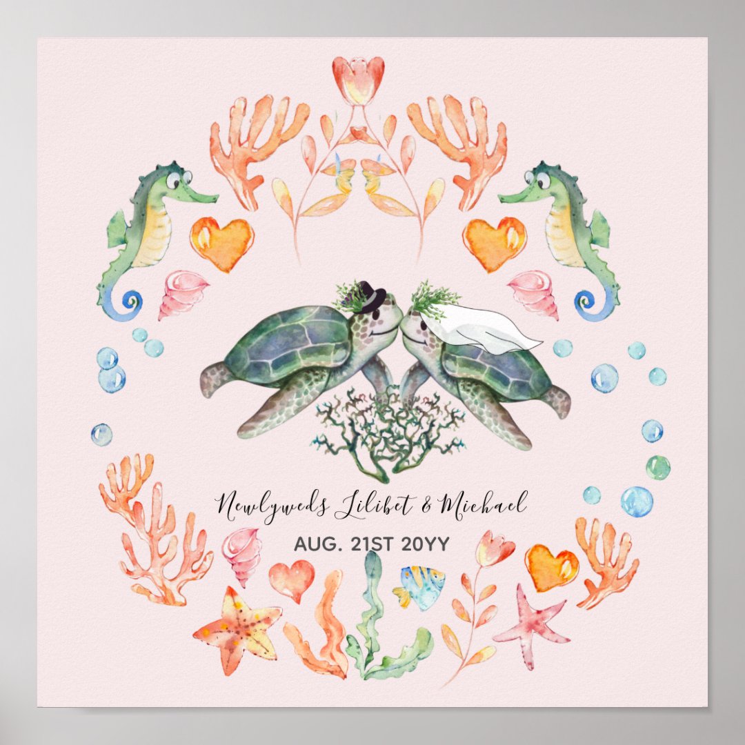 BUDGET Newlyweds Wedding Gifts Custom SEA TURTLES Poster | Zazzle