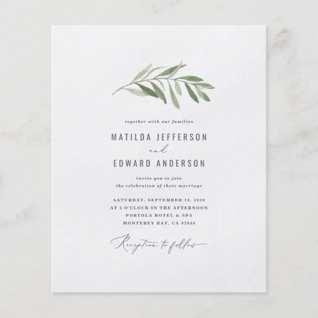 budget olive branch foliage wedding announcement flyer | Zazzle