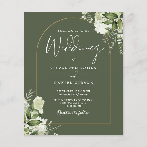 Budget Olive Green Floral Gold Arch Wedding Invite | Zazzle