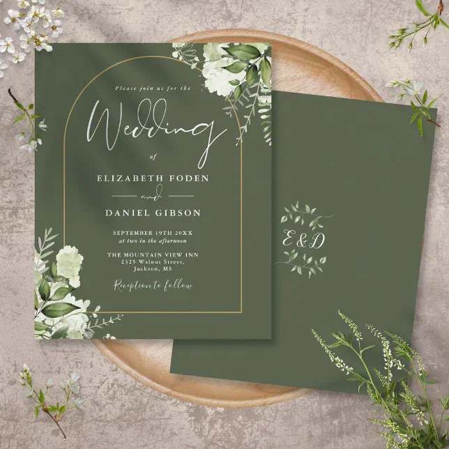 Budget Olive Green Floral Gold Arch Wedding Invite | Zazzle