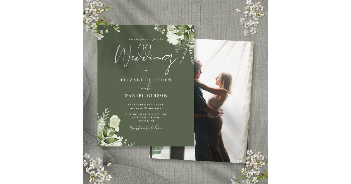 Budget Olive Green Floral Photo Wedding Invitation | Zazzle