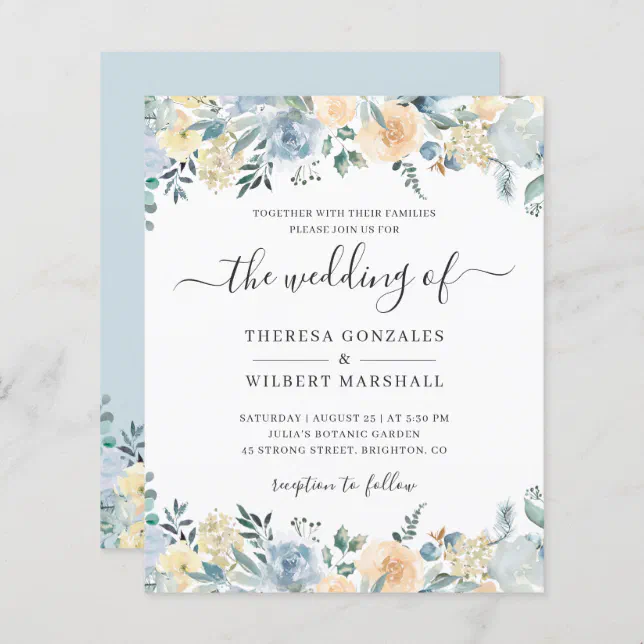 Budget Pastel Dusty Blue Wedding Invitation | Zazzle