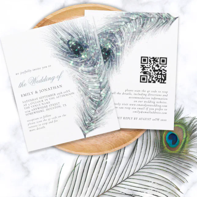 Budget Peacock Feather QR Code Wedding Invite | Zazzle