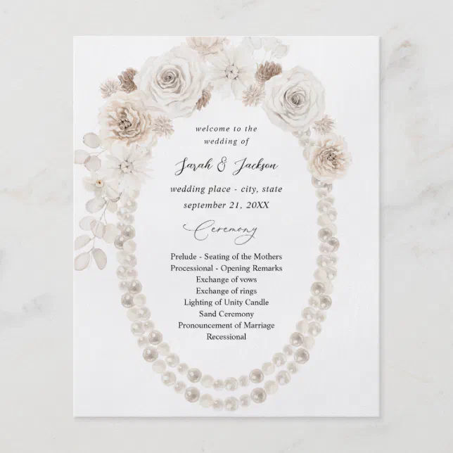 Budget Pearls & White Floral Wedding Ceremony Flyer | Zazzle