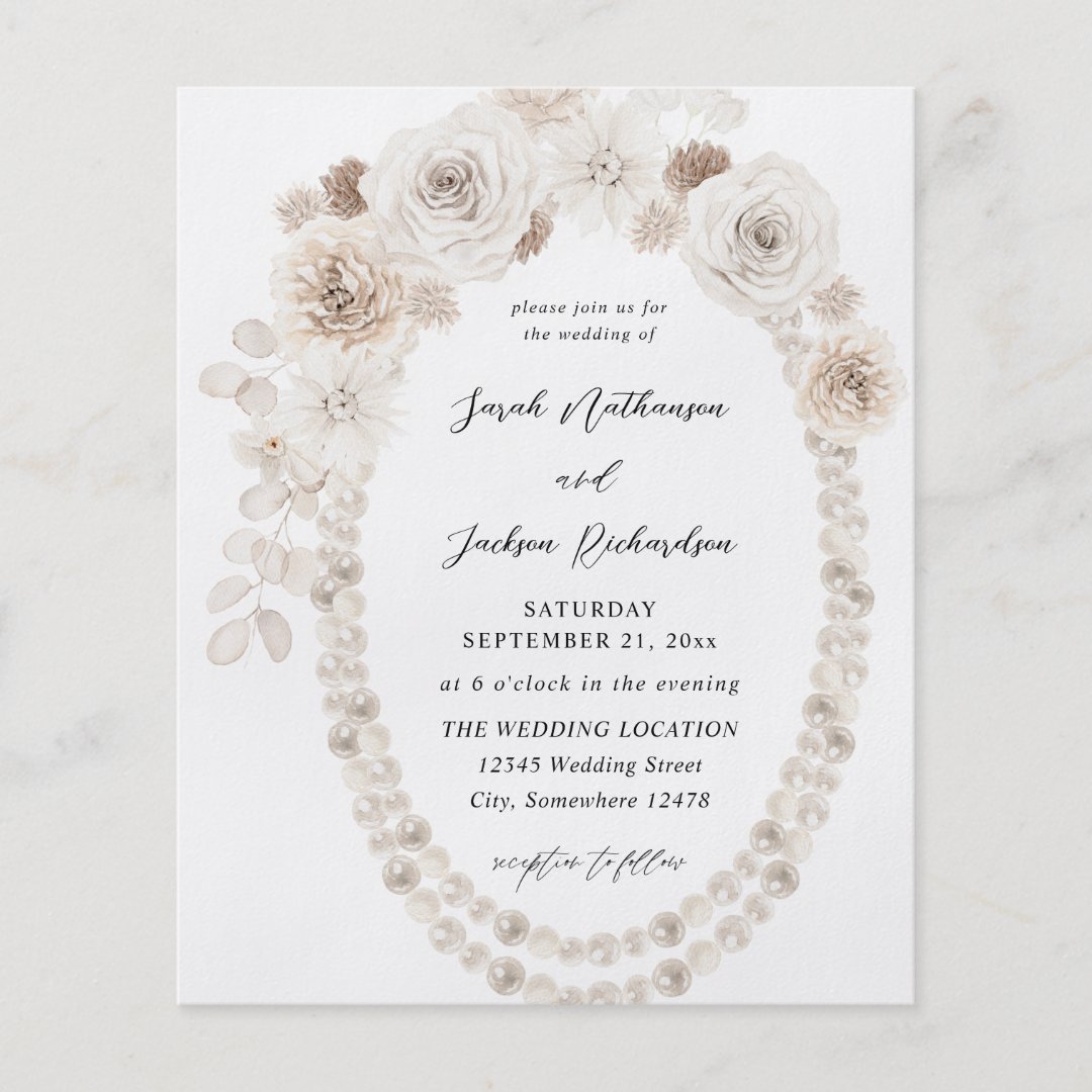 Budget Pearls & White Floral Wedding Flyer | Zazzle