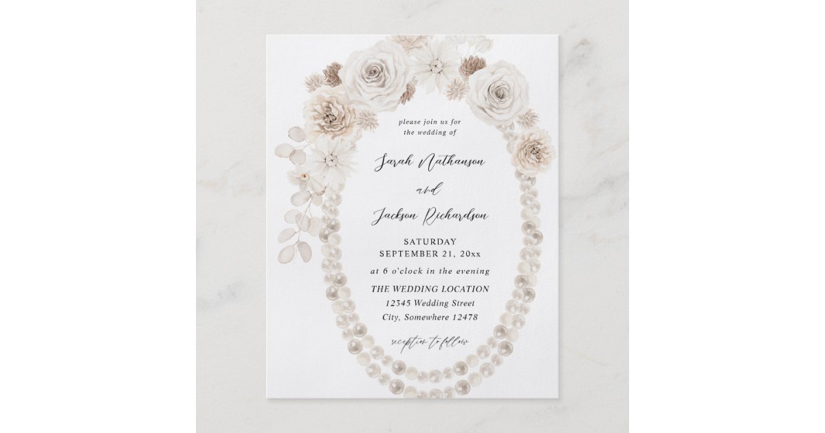 Budget Pearls & White Floral Wedding Flyer | Zazzle