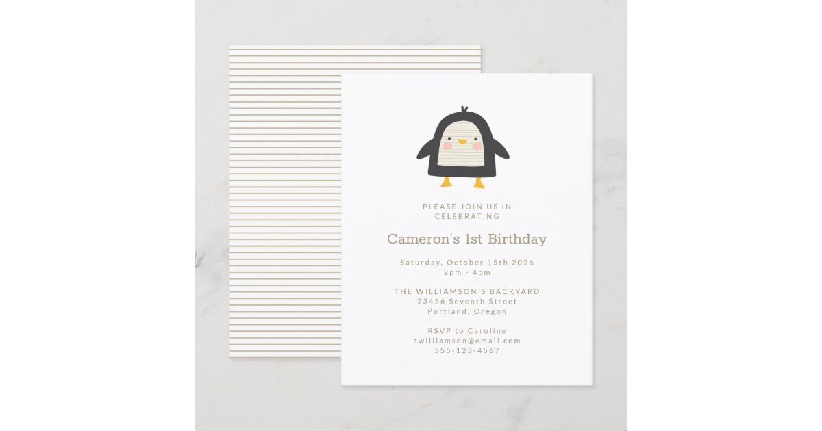 Budget Penguin Simple 1st Birthday Invitation | Zazzle