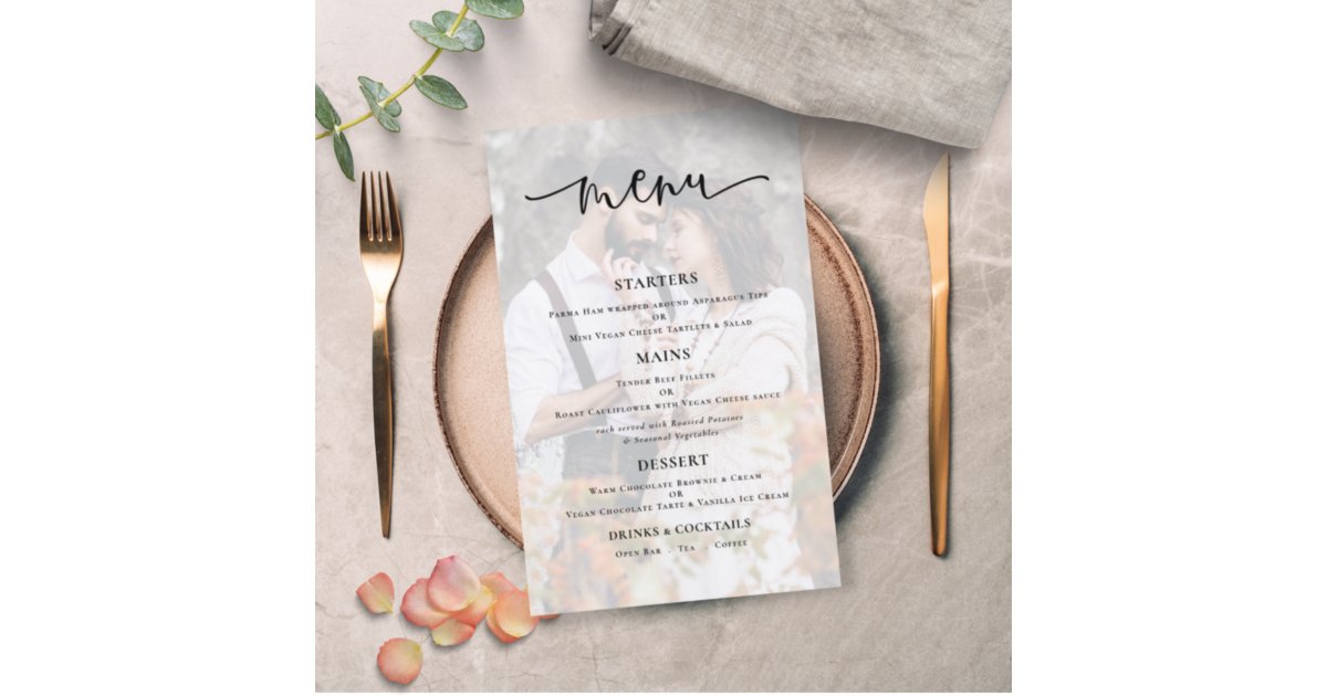 Budget Photo Background Script Wedding Menu | Zazzle