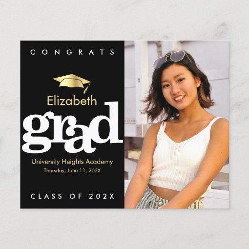 Budget Photo Black Gold Cap Graduation Invitation | Zazzle