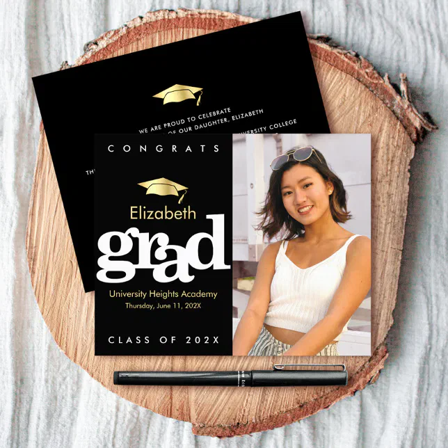 Budget Photo Black Gold Cap Graduation Invitation | Zazzle