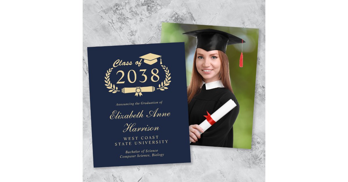 Budget Photo Blue Gold Graduation Announcement | Zazzle