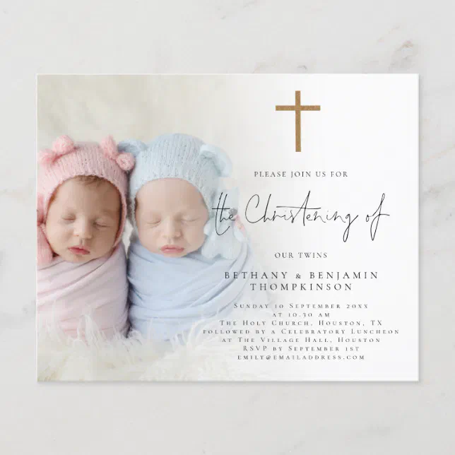 Budget Photo Gold Cross Twins Christening Invite | Zazzle