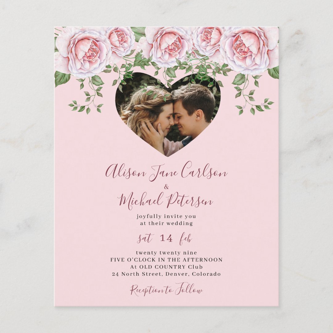 Budget photo heart pink floral wedding Invitation | Zazzle