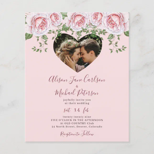 Budget photo heart pink floral wedding Invitation | Zazzle