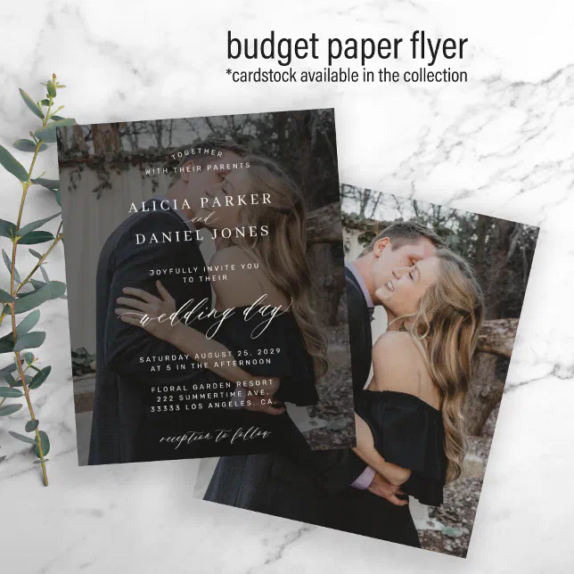 Budget photo modern black wedding invitation flyer | Zazzle