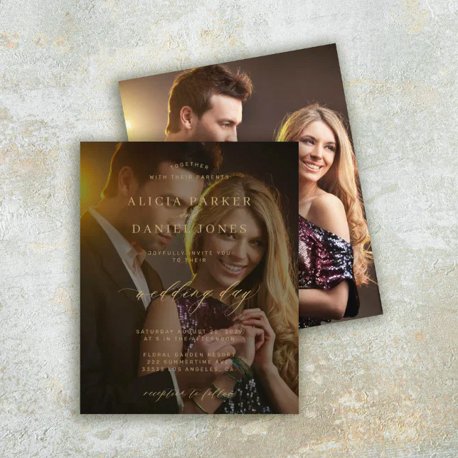 Budget photo overlay gold wedding invitation | Zazzle