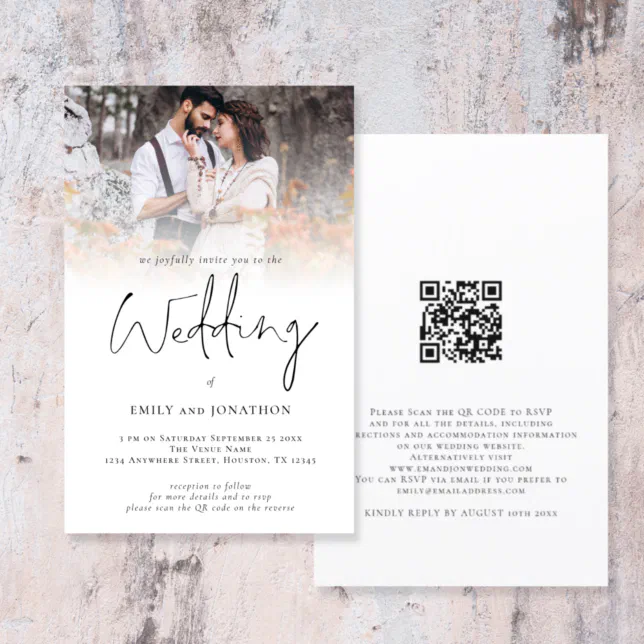 Budget Photo Overlay QR Code Script Wedding Invite | Zazzle