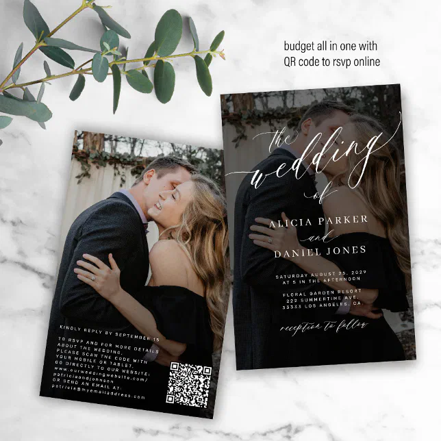 Budget photo overlay QR CODE wedding invitation | Zazzle