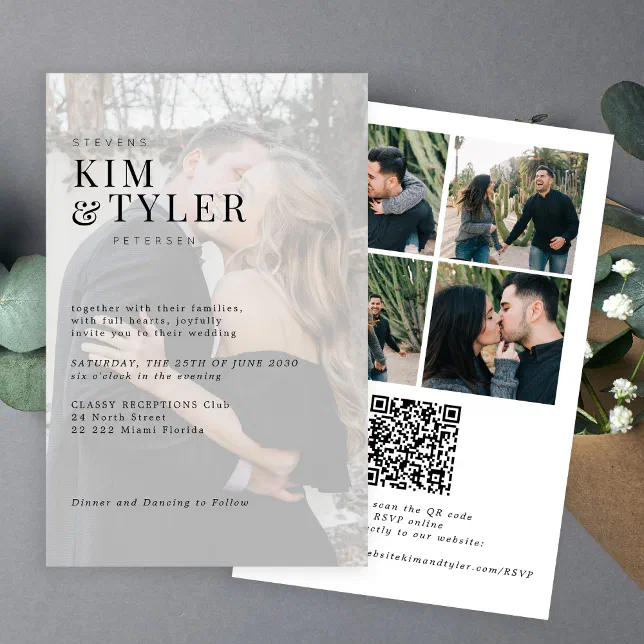 Budget photo overlay QR RSVP wedding Invitation | Zazzle