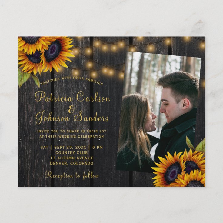 Budget photo rustic sunflower wedding invitation flyer | Zazzle