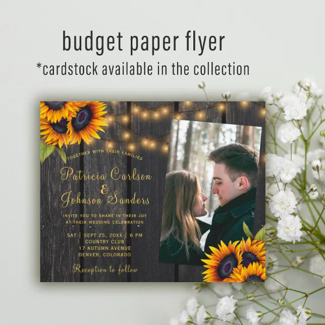 Budget photo rustic sunflower wedding invitation flyer | Zazzle