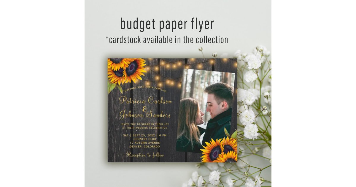 Budget photo rustic sunflower wedding invitation flyer | Zazzle