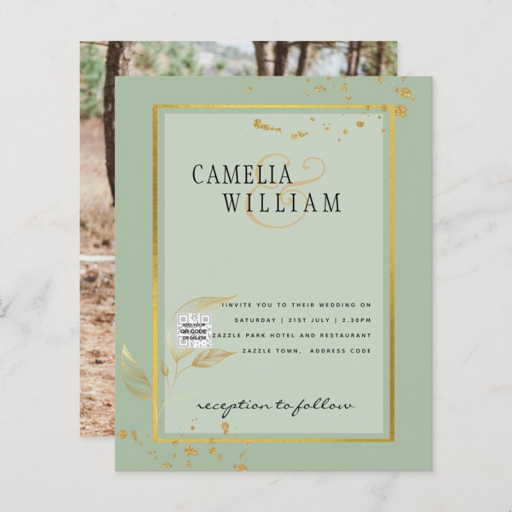 BUDGET PHOTO Wedding Invite QR CODE Rsvp Green | Zazzle