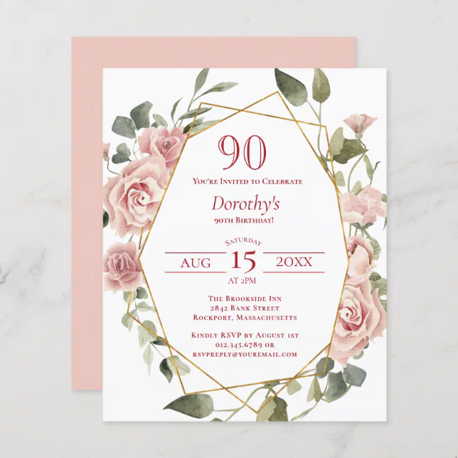 Budget Pink Floral 90th Birthday Invitation | Zazzle