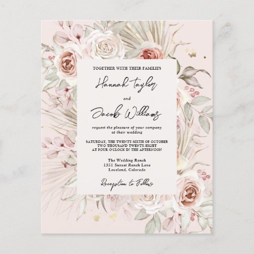 Budget PInk Floral Boho Rustic Wedding Invitation | Zazzle